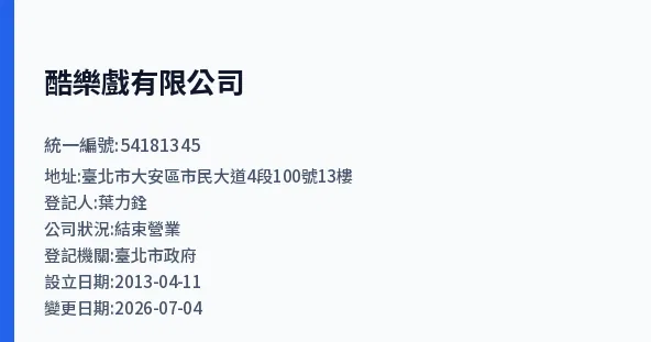 酷樂戲有限公司的照片-統編 54181345(臺北市) 公司登記資料與營業項目詳細圖表
