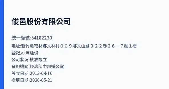 俊邑股份有限公司的照片-統編 54182230(新竹縣) 公司登記資料與營業項目詳細圖表