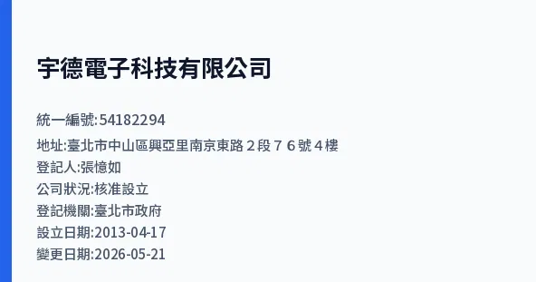 宇德電子科技有限公司的照片-統編 54182294(臺北市) 公司登記資料與營業項目詳細圖表
