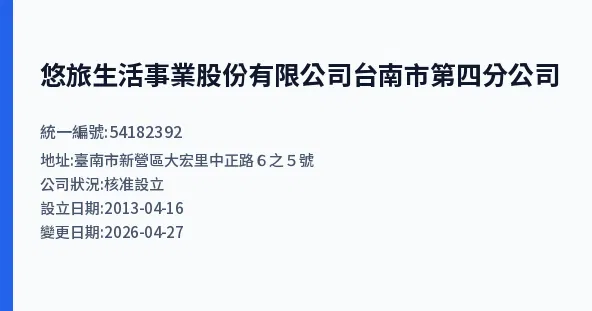 悠旅生活事業股份有限公司台南市第四分公司的照片-統編 54182392(臺南市) 公司登記資料與營業項目詳細圖表