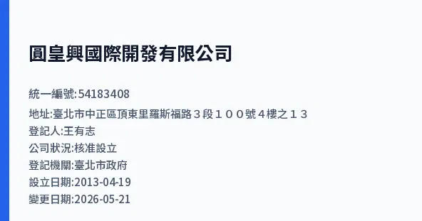 圓皇興國際開發有限公司的照片-統編 54183408(臺北市) 公司登記資料與營業項目詳細圖表