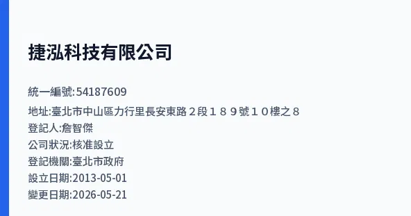 捷泓科技有限公司的照片-統編 54187609(臺北市) 公司登記資料與營業項目詳細圖表