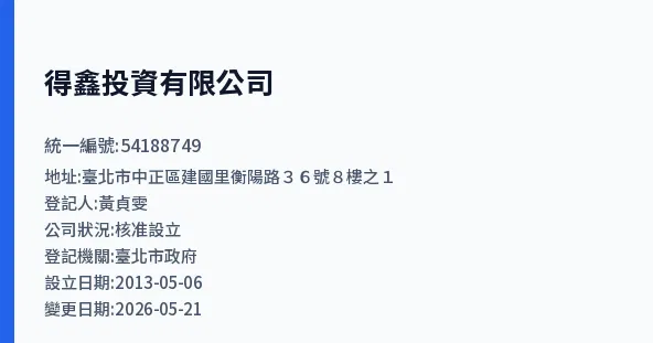 得鑫投資有限公司的照片-統編 54188749(臺北市) 公司登記資料與營業項目詳細圖表