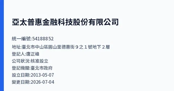 亞太普惠金融科技股份有限公司的照片-統編 54188852(臺北市) 公司登記資料與營業項目詳細圖表