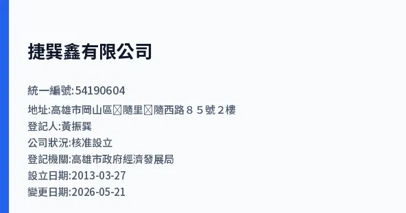 捷巽鑫有限公司的照片-統編 54190604(高雄市) 公司登記資料與營業項目詳細圖表