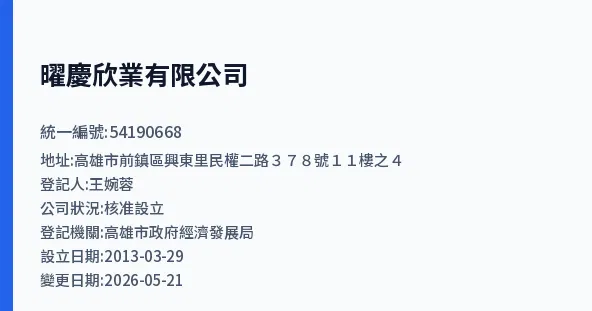 曜慶欣業有限公司的照片-統編 54190668(高雄市) 公司登記資料與營業項目詳細圖表