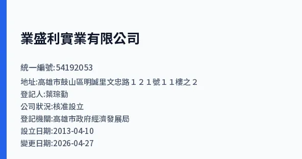 業盛利實業有限公司的照片-統編 54192053(高雄市) 公司登記資料與營業項目詳細圖表
