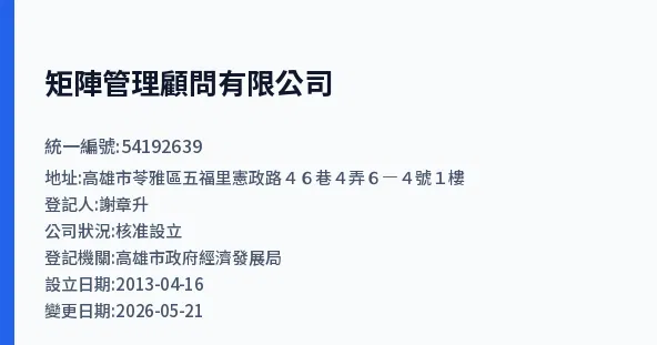 矩陣管理顧問有限公司的照片-統編 54192639(高雄市) 公司登記資料與營業項目詳細圖表