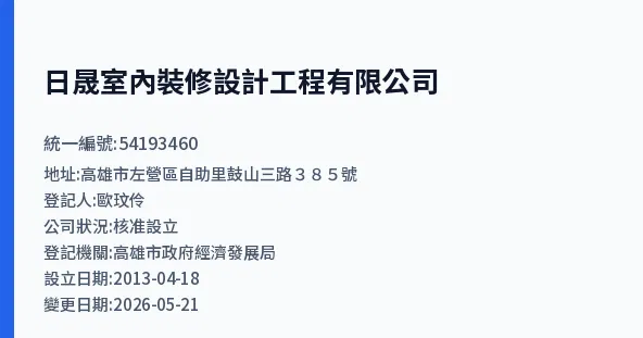 日晟室內裝修設計工程有限公司的照片-統編 54193460(高雄市) 公司登記資料與營業項目詳細圖表
