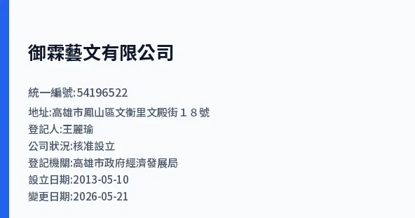 御霖藝文有限公司的照片-統編 54196522(高雄市) 公司登記資料與營業項目詳細圖表