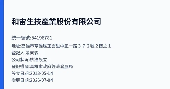 和宙生技產業股份有限公司的照片-統編 54196781(高雄市) 公司登記資料與營業項目詳細圖表