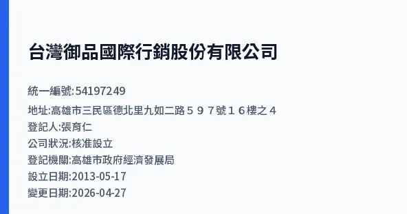 台灣御品國際行銷股份有限公司的照片-統編 54197249(高雄市) 公司登記資料與營業項目詳細圖表