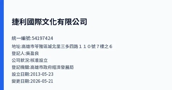 捷利國際文化有限公司的照片-統編 54197424(高雄市) 公司登記資料與營業項目詳細圖表