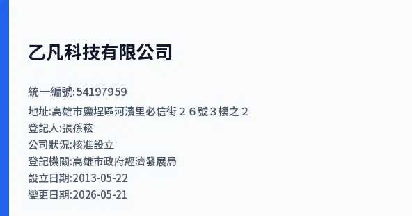 乙凡科技有限公司的照片-統編 54197959(高雄市) 公司登記資料與營業項目詳細圖表