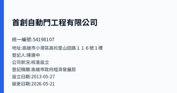 首創自動門工程有限公司的照片-統編 54198107(高雄市) 公司登記資料與營業項目詳細圖表