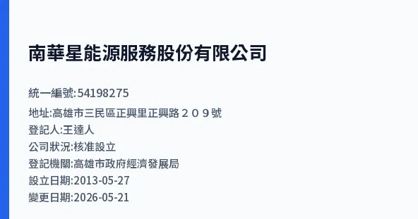 南華星能源服務股份有限公司的照片-統編 54198275(高雄市) 公司登記資料與營業項目詳細圖表