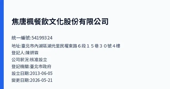 焦唐楓餐飲文化股份有限公司的照片-統編 54199324(臺北市) 公司登記資料與營業項目詳細圖表