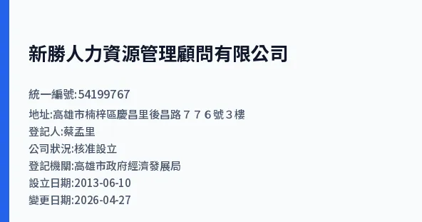 新勝人力資源管理顧問有限公司的照片-統編 54199767(高雄市) 公司登記資料與營業項目詳細圖表
