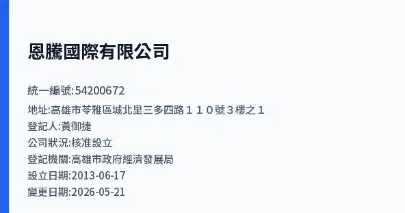 恩騰國際有限公司的照片-統編 54200672(高雄市) 公司登記資料與營業項目詳細圖表