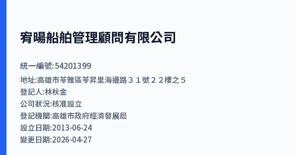 宥暘船舶管理顧問有限公司的照片-統編 54201399(高雄市) 公司登記資料與營業項目詳細圖表