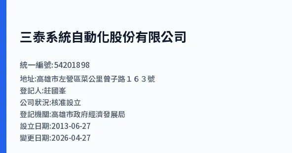 三泰系統自動化股份有限公司的照片-統編 54201898(高雄市) 公司登記資料與營業項目詳細圖表