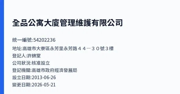 全品公寓大廈管理維護有限公司的照片-統編 54202236(高雄市) 公司登記資料與營業項目詳細圖表