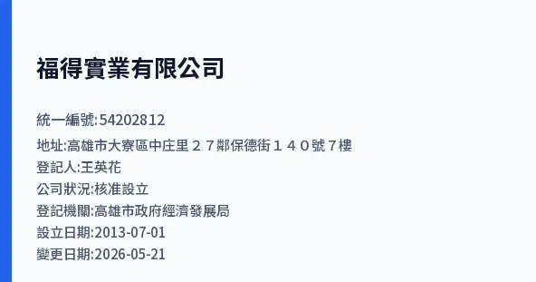 福得實業有限公司的照片-統編 54202812(高雄市) 公司登記資料與營業項目詳細圖表
