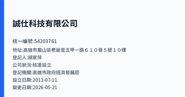 誠仕科技有限公司的照片-統編 54203761(高雄市) 公司登記資料與營業項目詳細圖表