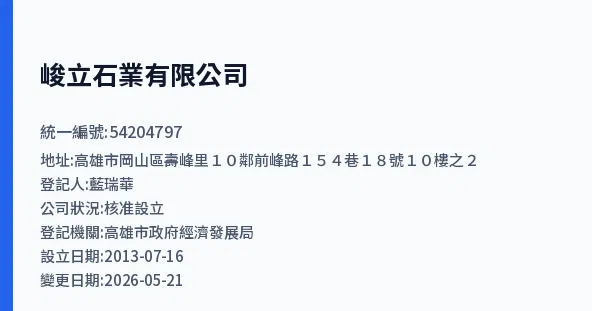 峻立石業有限公司的照片-統編 54204797(高雄市) 公司登記資料與營業項目詳細圖表