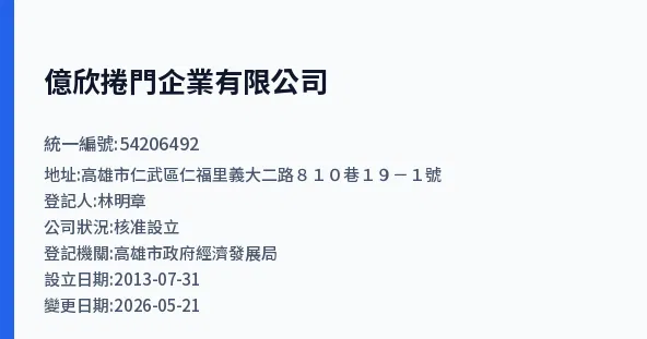 億欣捲門企業有限公司的照片-統編 54206492(高雄市) 公司登記資料與營業項目詳細圖表