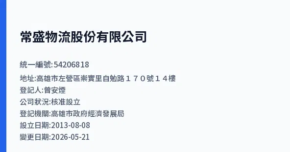 常盛物流股份有限公司的照片-統編 54206818(高雄市) 公司登記資料與營業項目詳細圖表