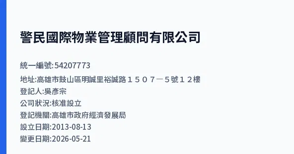 警民國際物業管理顧問有限公司的照片-統編 54207773(高雄市) 公司登記資料與營業項目詳細圖表