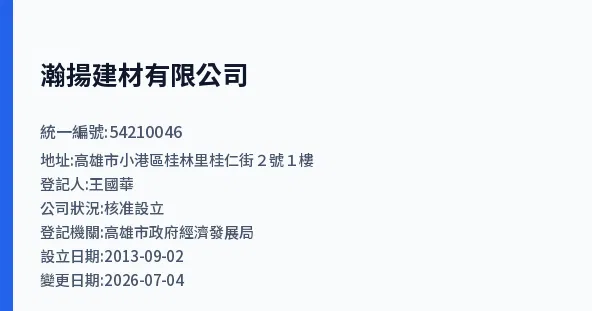 瀚揚建材有限公司的照片-統編 54210046(高雄市) 公司登記資料與營業項目詳細圖表