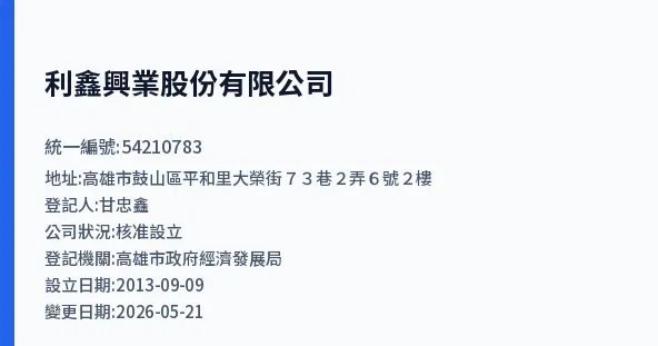 利鑫興業股份有限公司的照片-統編 54210783(高雄市) 公司登記資料與營業項目詳細圖表
