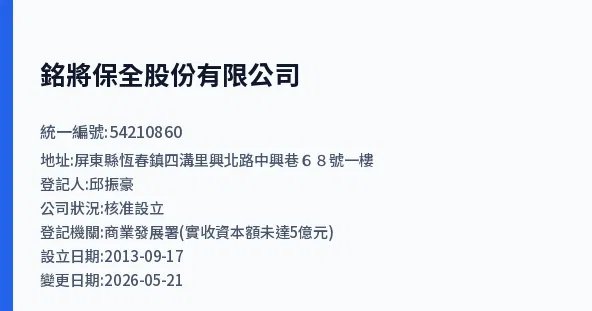銘將保全股份有限公司的照片-統編 54210860(屏東縣) 公司登記資料與營業項目詳細圖表