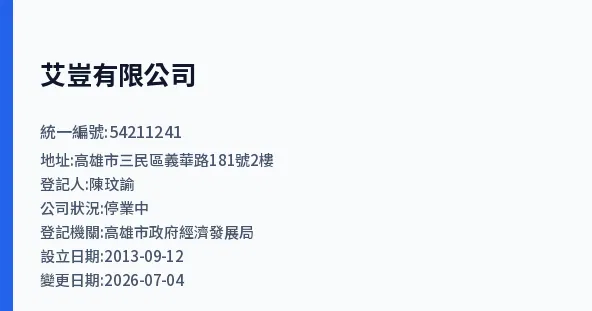 艾豈有限公司的照片-統編 54211241(高雄市) 公司登記資料與營業項目詳細圖表