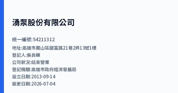 湧泵股份有限公司的照片-統編 54211312(高雄市) 公司登記資料與營業項目詳細圖表
