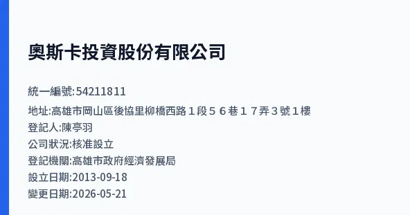 奧斯卡投資股份有限公司的照片-統編 54211811(高雄市) 公司登記資料與營業項目詳細圖表