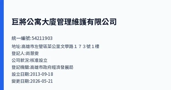 巨將公寓大廈管理維護有限公司的照片-統編 54211903(高雄市) 公司登記資料與營業項目詳細圖表