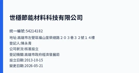 世穩節能材料科技有限公司的照片-統編 54214182(高雄市) 公司登記資料與營業項目詳細圖表
