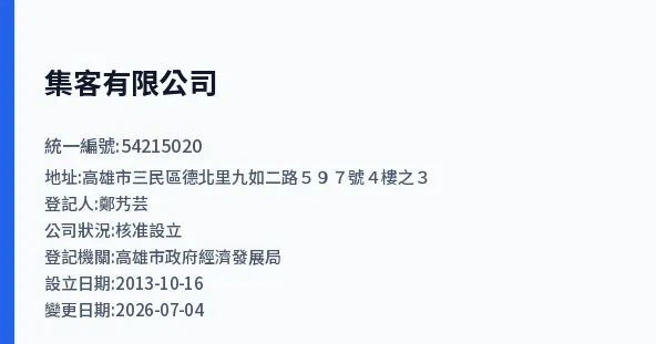 集客有限公司的照片-統編 54215020(高雄市) 公司登記資料與營業項目詳細圖表
