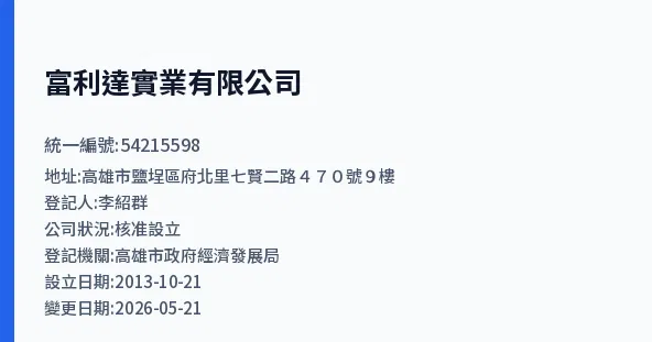 富利達實業有限公司的照片-統編 54215598(高雄市) 公司登記資料與營業項目詳細圖表