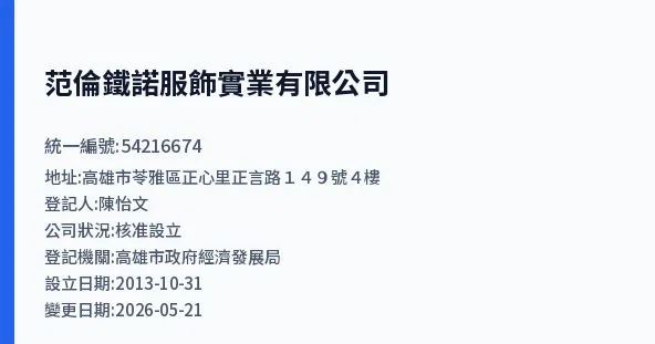 范倫鐵諾服飾實業有限公司的照片-統編 54216674(高雄市) 公司登記資料與營業項目詳細圖表