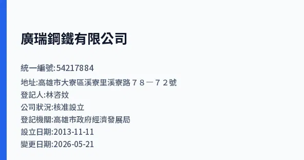 廣瑞鋼鐵有限公司的照片-統編 54217884(高雄市) 公司登記資料與營業項目詳細圖表