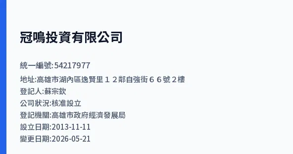 冠鳴投資有限公司的照片-統編 54217977(高雄市) 公司登記資料與營業項目詳細圖表