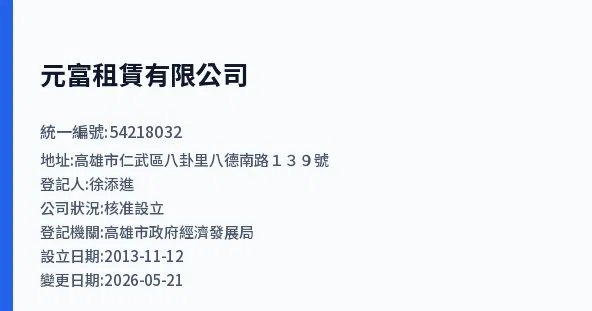 元富租賃有限公司的照片-統編 54218032(高雄市) 公司登記資料與營業項目詳細圖表