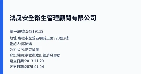 鴻晟安全衛生管理顧問有限公司的照片-統編 54219118(高雄市) 公司登記資料與營業項目詳細圖表