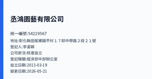 丞鴻園藝有限公司的照片-統編 54219567(彰化縣) 公司登記資料與營業項目詳細圖表
