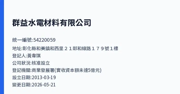 群益水電材料有限公司的照片-統編 54220059(彰化縣) 公司登記資料與營業項目詳細圖表