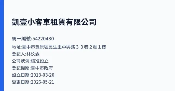 凱壹小客車租賃有限公司的照片-統編 54220430(臺中市) 公司登記資料與營業項目詳細圖表